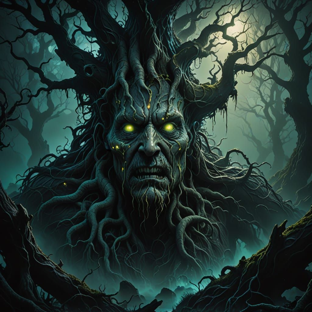 A gnarled, ancient tree in a foggy forest at twilight, its twisted bark ...