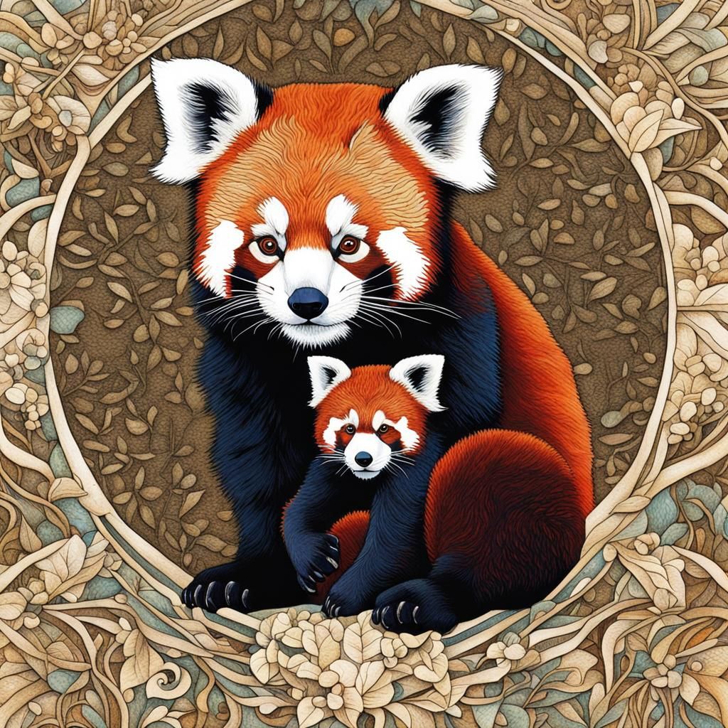 Portrait Cute MOMMY, BABY Red Panda//mixed media aboriginal art, fine ...