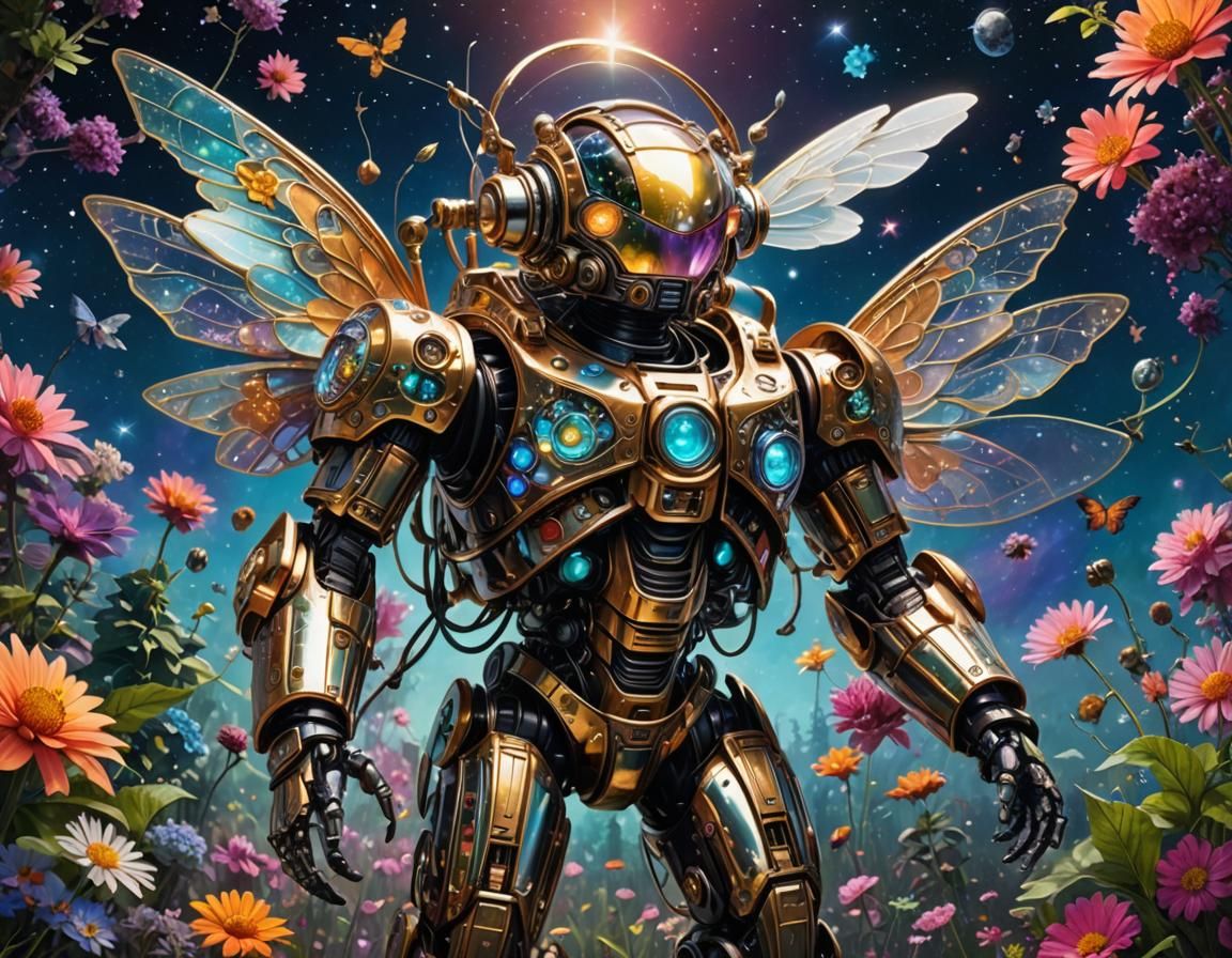 (beautiful hyper detailed shiny artwork of a floating robot fairy with ...