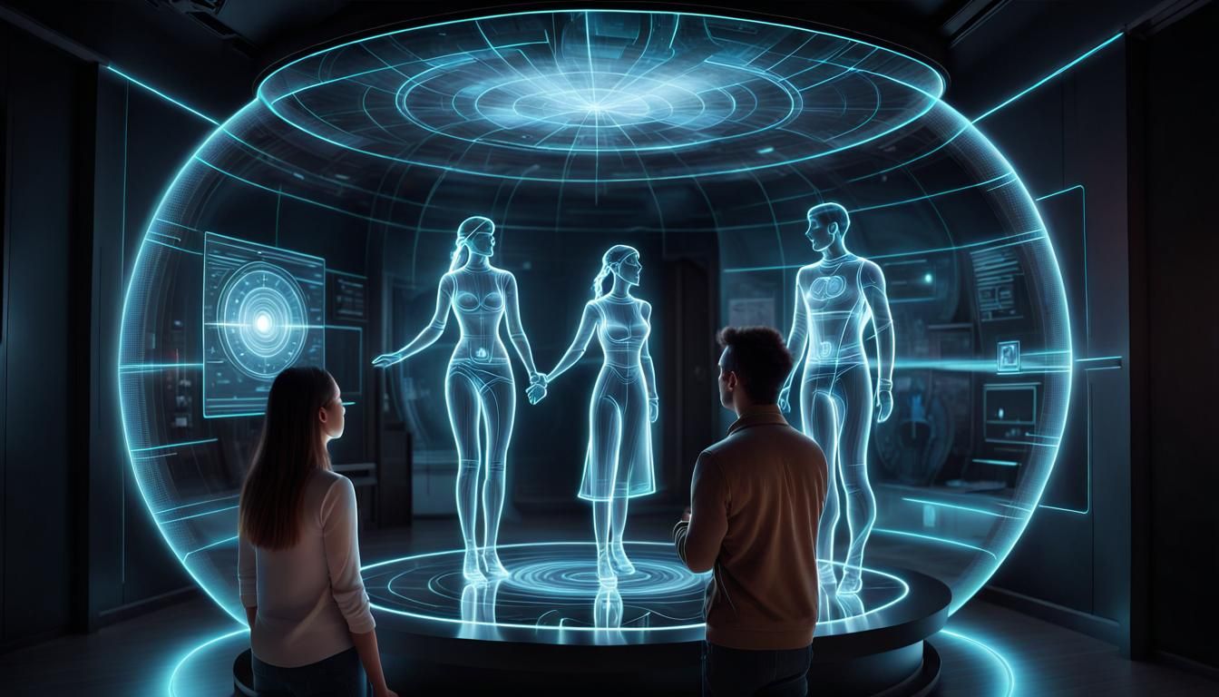 Person interacting with a holographic projection of a couple of time ...