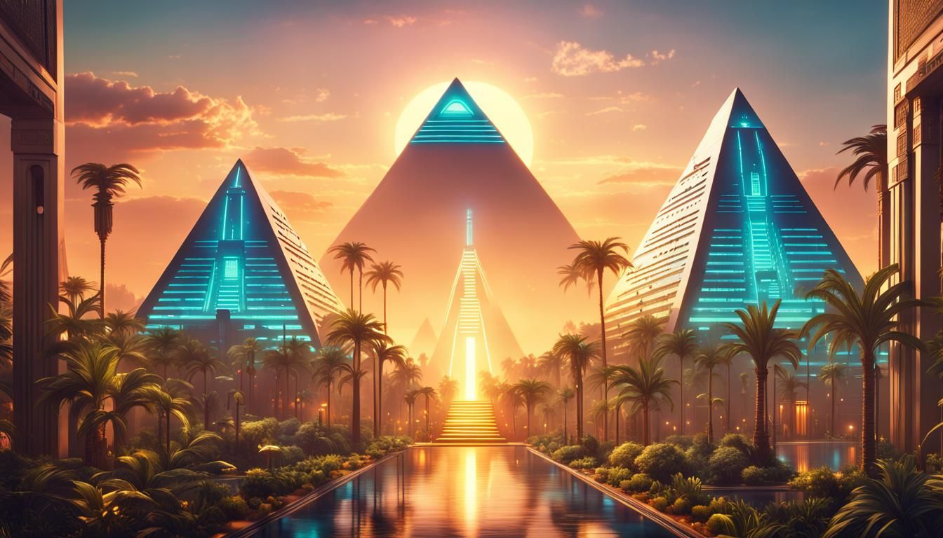 futuristic city with pyramid temple, high tech utopian architecture in ancient Egyptian style ...