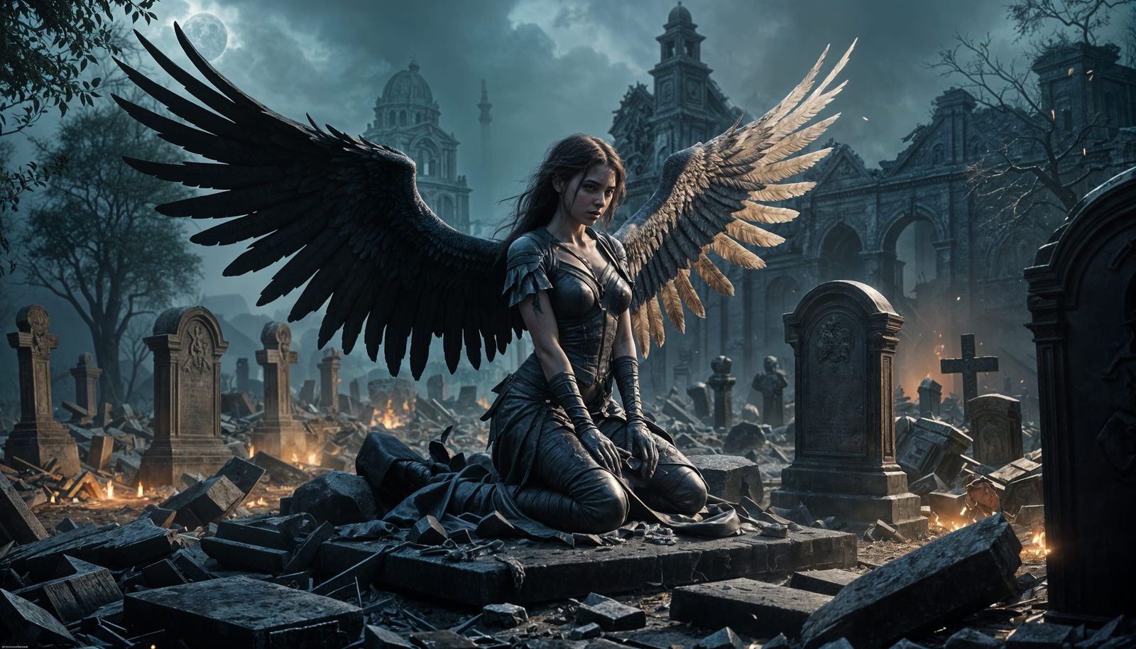 Fallen Angel in Desolate Apocalyptic Graveyard - AI Art