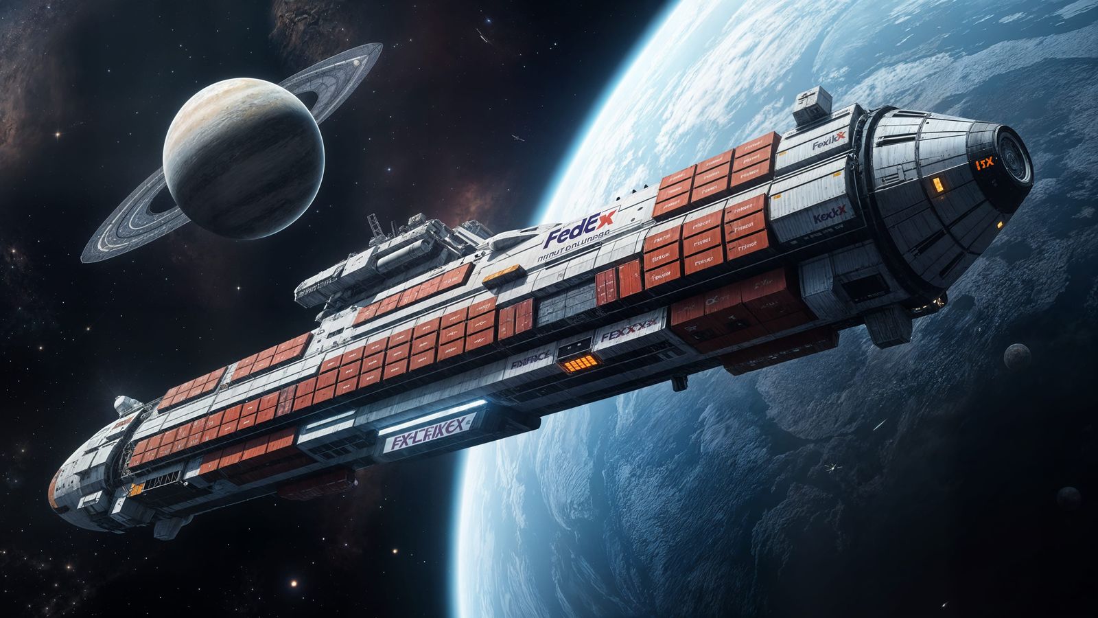 cargo spacecraft, rows of cargo containers line each side