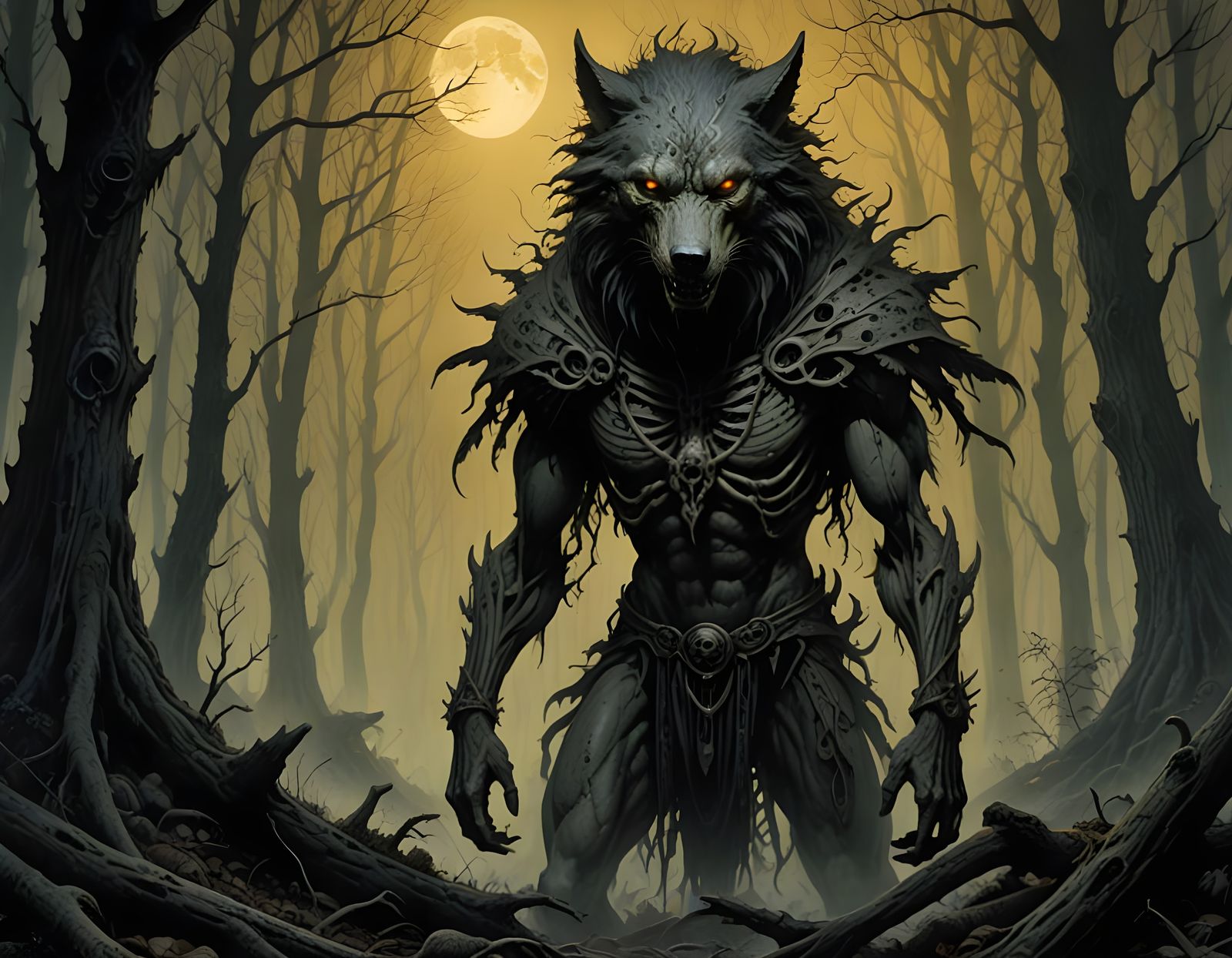 Dark Skinwalker Emerges Under Full Moon in a Haunt... - AI Art
