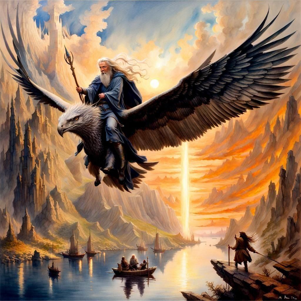Gandalf Riding a Giant Eagle - AI Generated Artwork - NightCafe Creator