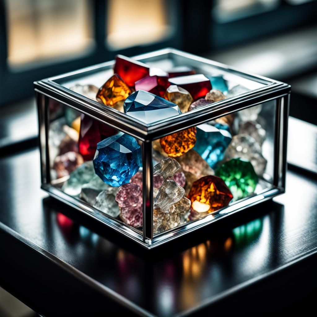 Glass box full of colourful crystal on top of a table - AI Generated ...