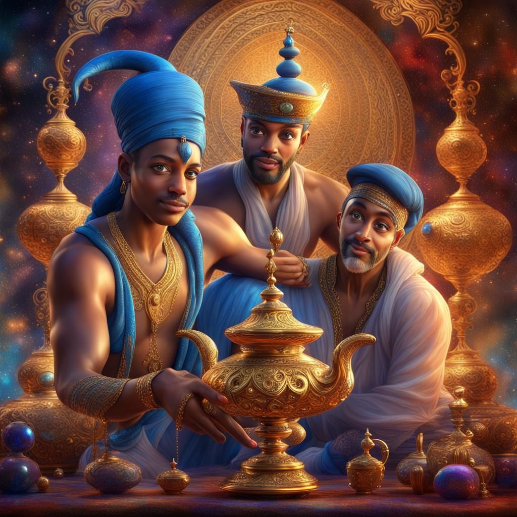 Aladdin and the genie from the magic lamp decorated with gold and ...