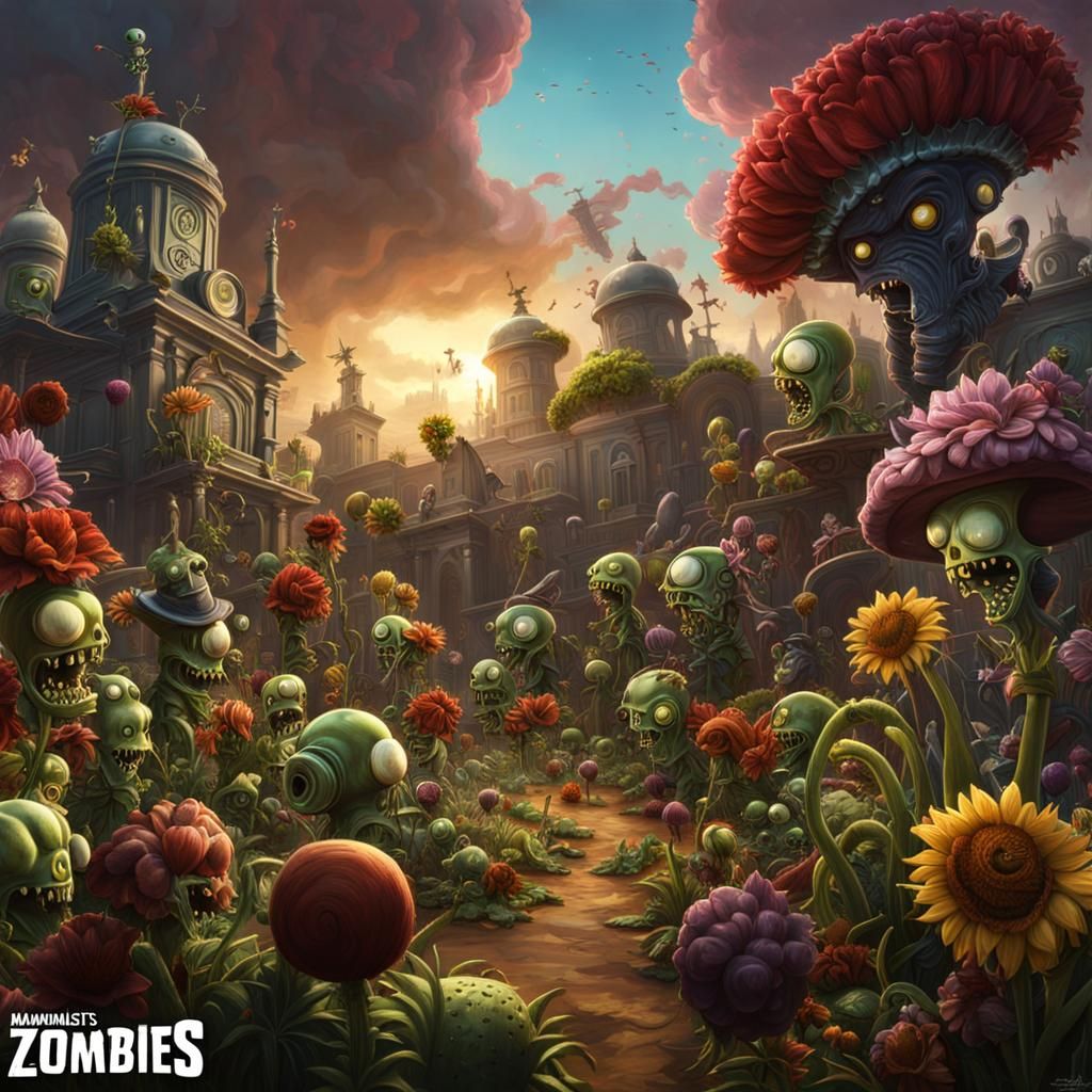 Maximalist Plants VS Zombies battle H.R. Giger battlefield painted by ...