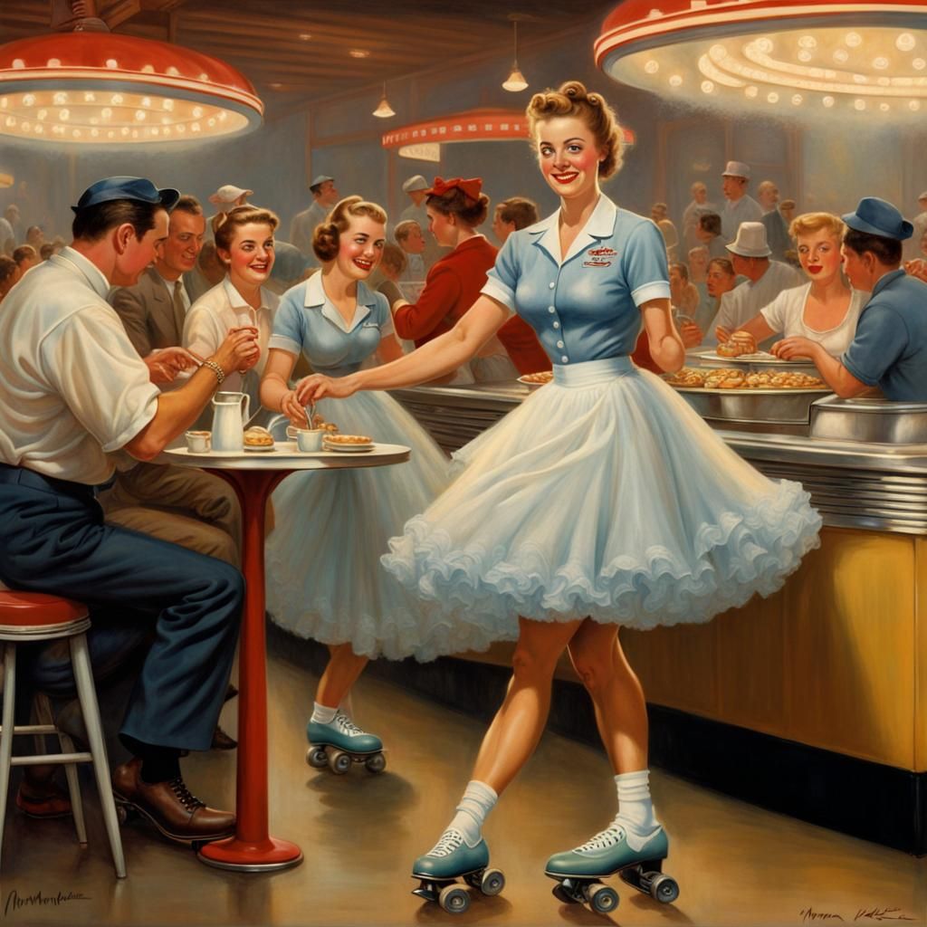 hyper-realistic 1950-era roller-skating waitress at a drive-in restaurant. Norman Rockwell ...