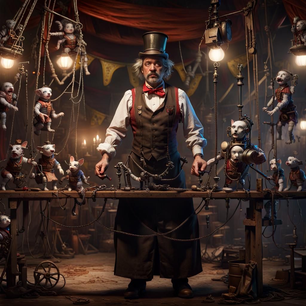 dark and twisted, mad inventor, wearing tattered apron, surrounden by ...