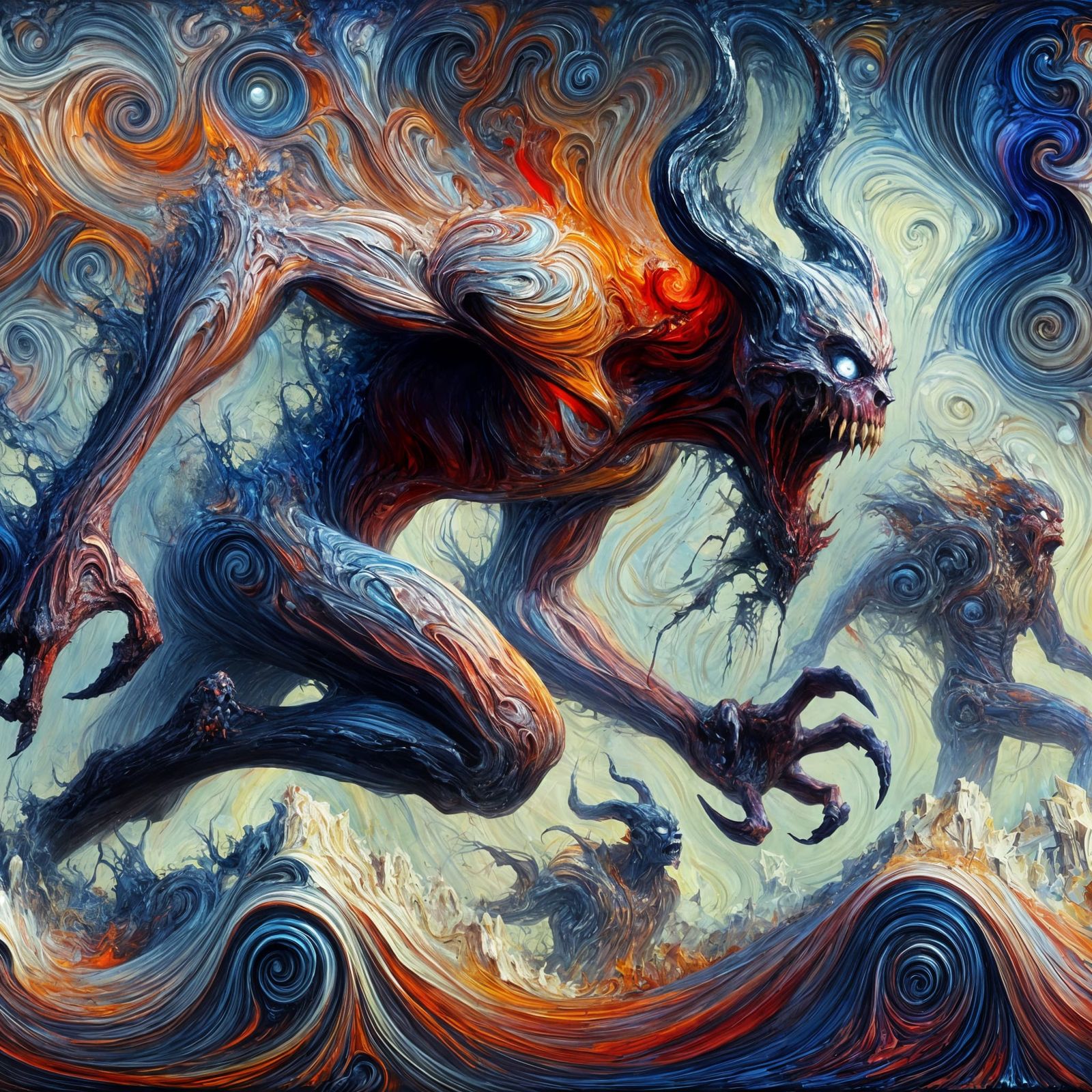 Mythical monster chased through chaotic, shifting dimensions