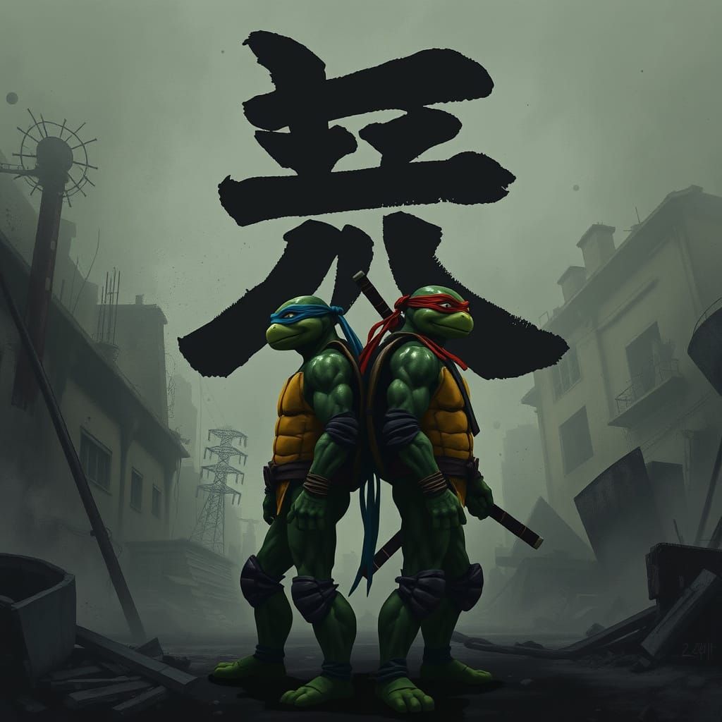 Dark Ninja Turtles Stand Strong Against Desolate C... - AI Art