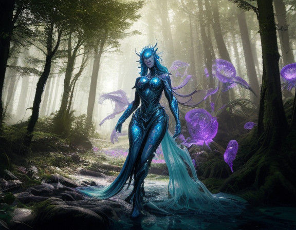 Ethereal Cyborg Mermaid Goddess in Luminous Forest - AI Art
