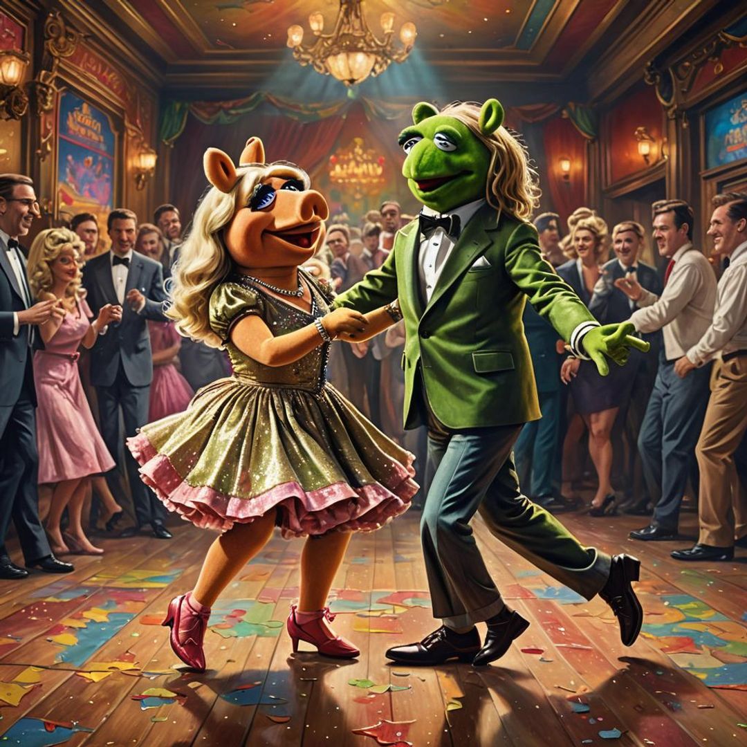 Kermit and Miss Piggy dancing Cheek to Cheek on an old fashioned ...