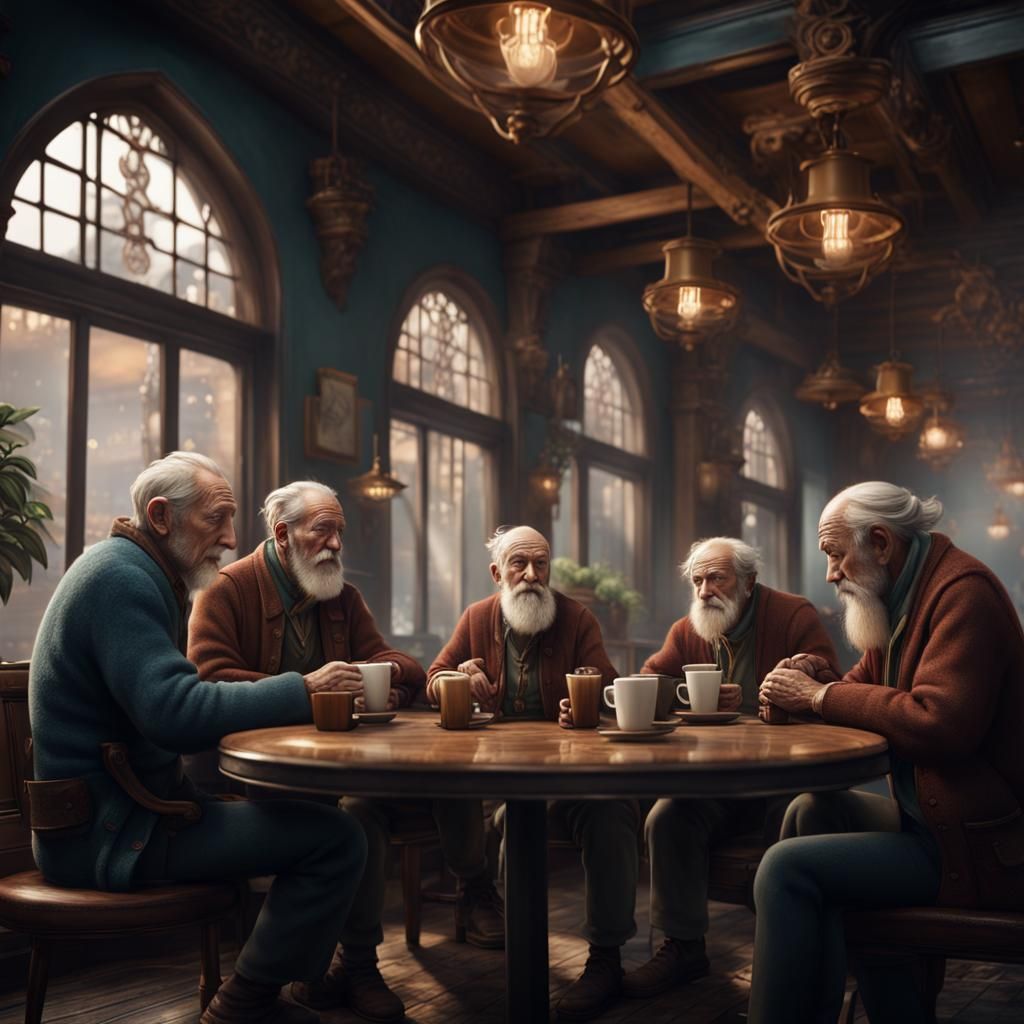 five old men sitting at a coffee shop - AI Generated Artwork ...