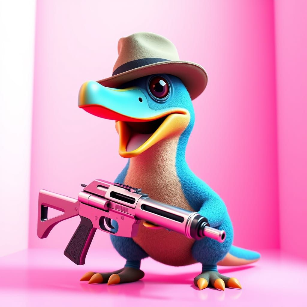 Perry the platypus - Cyan Platypus in Fedora, Holding Metall...