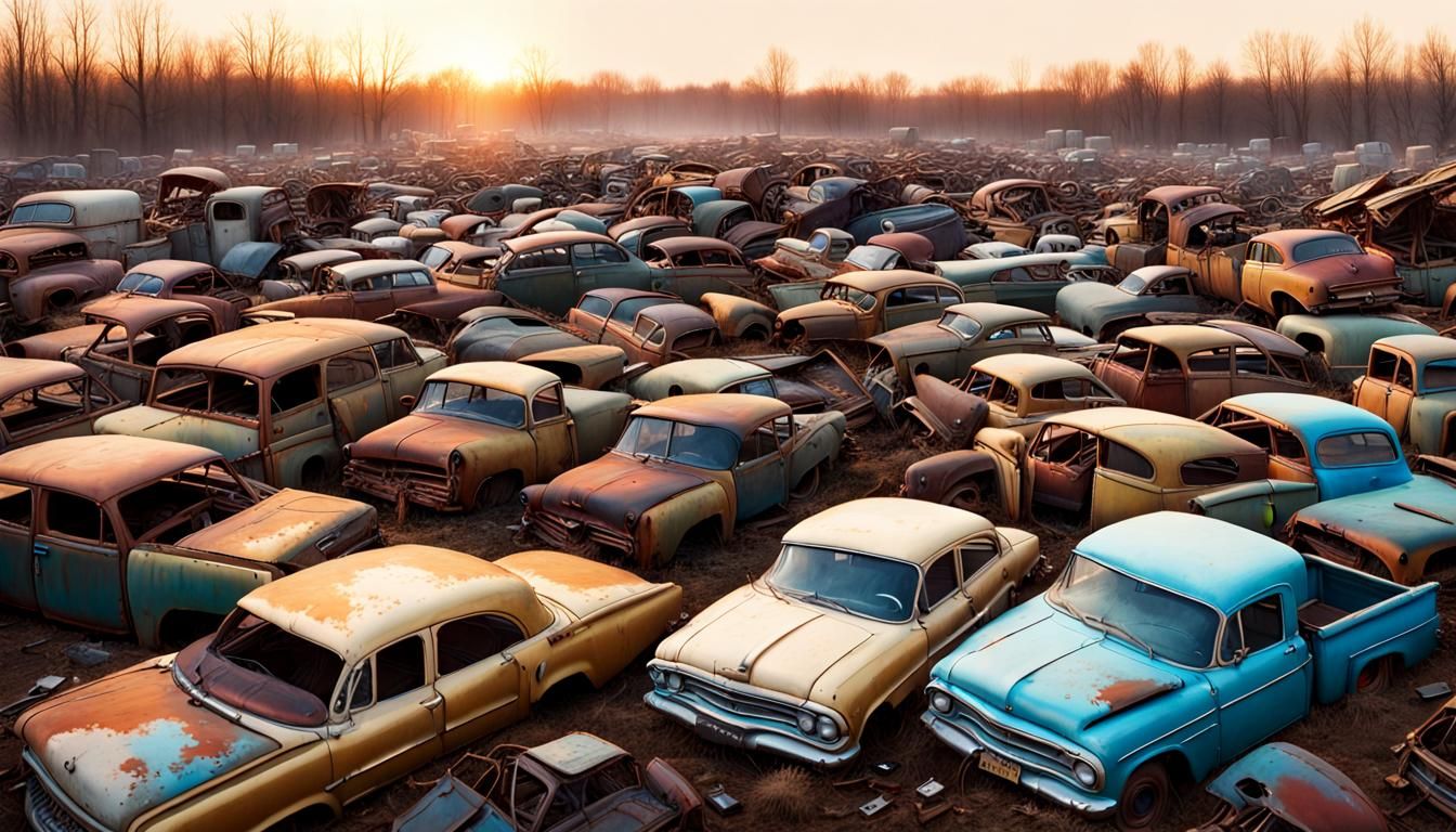 Junkyard full of old cars and trucks,gouache Dan Witz tetradic colors ...