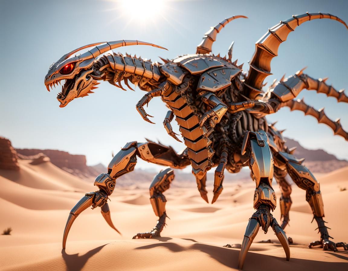 A scorpion dragon terrorising the desert, professional photography ...