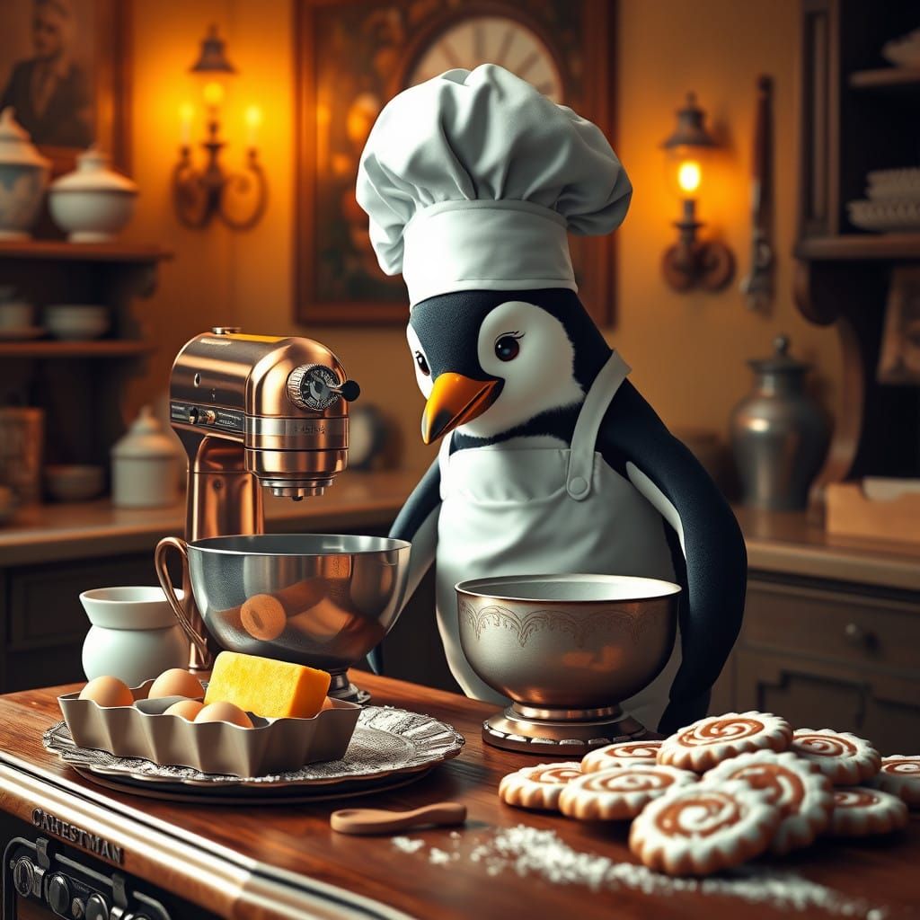 Christmas Baking - Victorian Penguin Chef Craftsmanship in a...