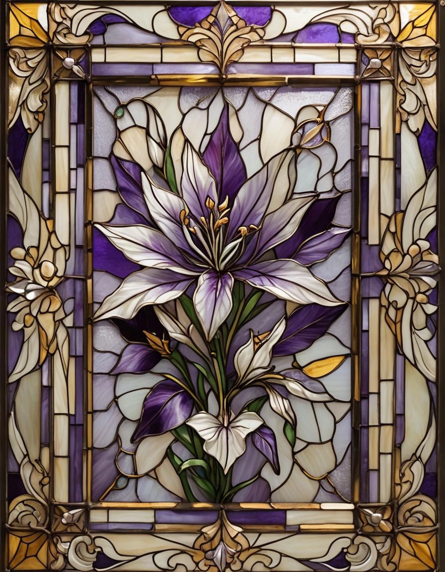 Traditional stained-glass artistry. Medium shot. A small, purple ...