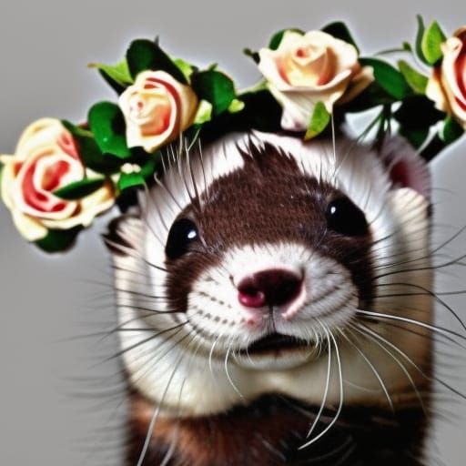 pretty ferret looking to the left, wearing a flower crown, made out of ...