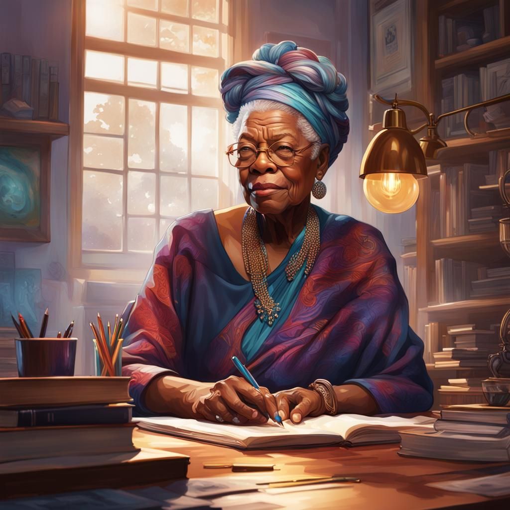 Maya Angelou writing a book on her desk - AI Generated Artwork ...