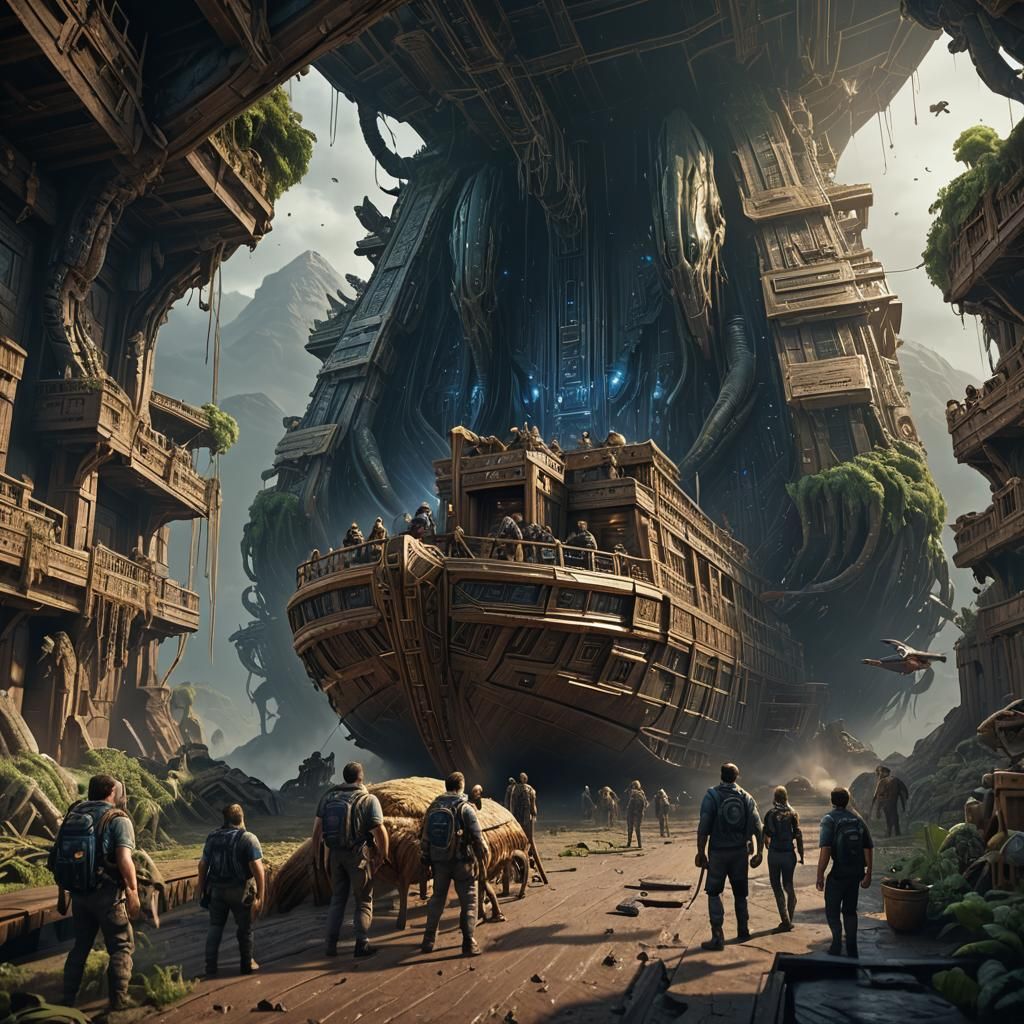 Aliens help Noah build the ark - AI Generated Artwork - NightCafe Creator