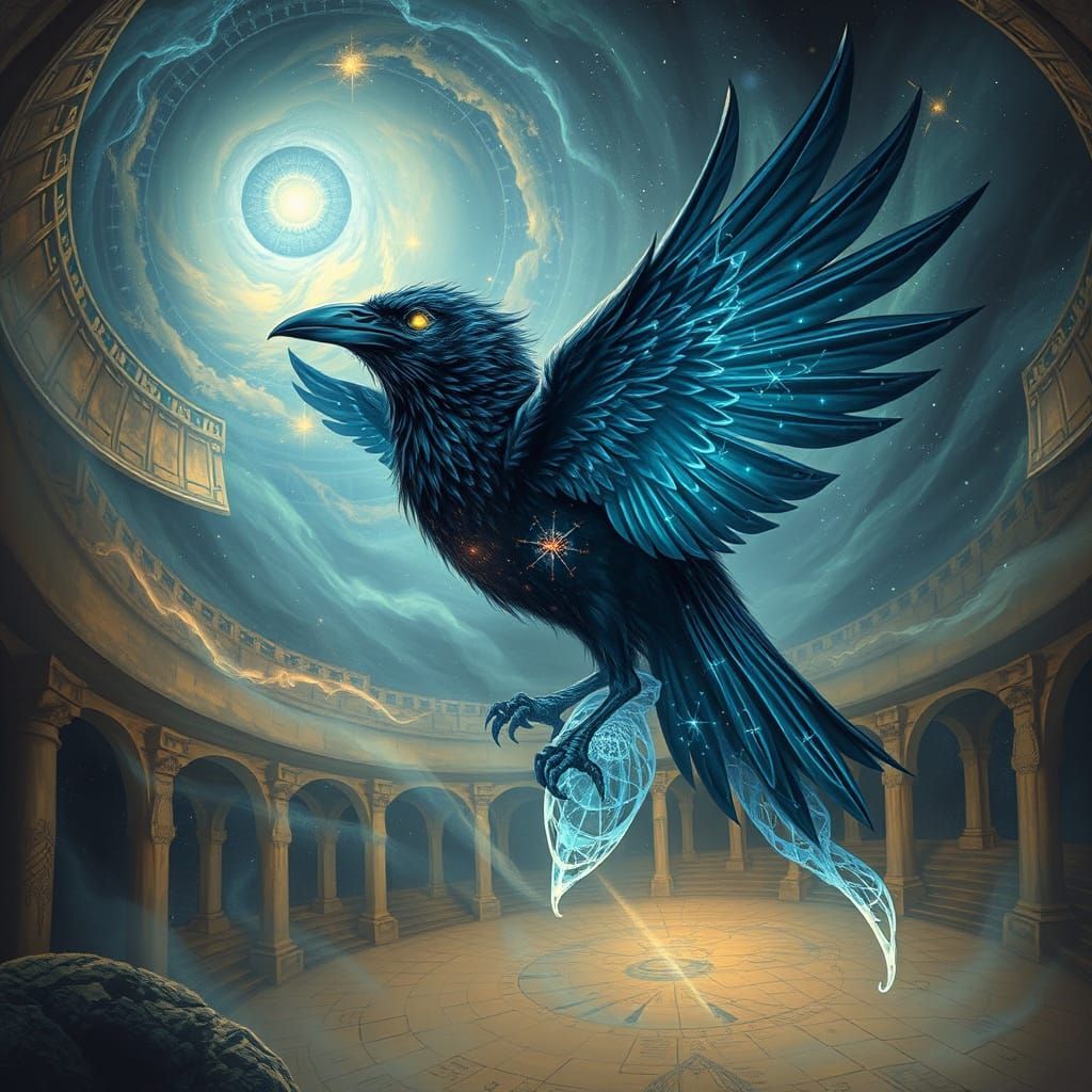 Cosmic Raven Emerges in Ancient Observatory - AI Art
