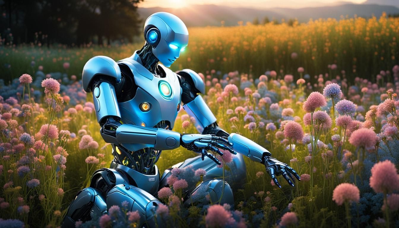 Symbiotic Bloom: A humanoid robot kneels amongst a field of flowers ...