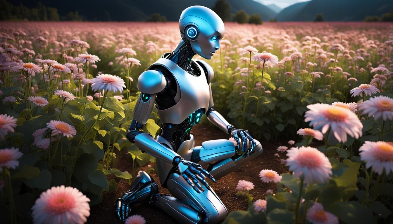 Symbiotic Bloom: A humanoid robot kneels amongst a field of flowers ...