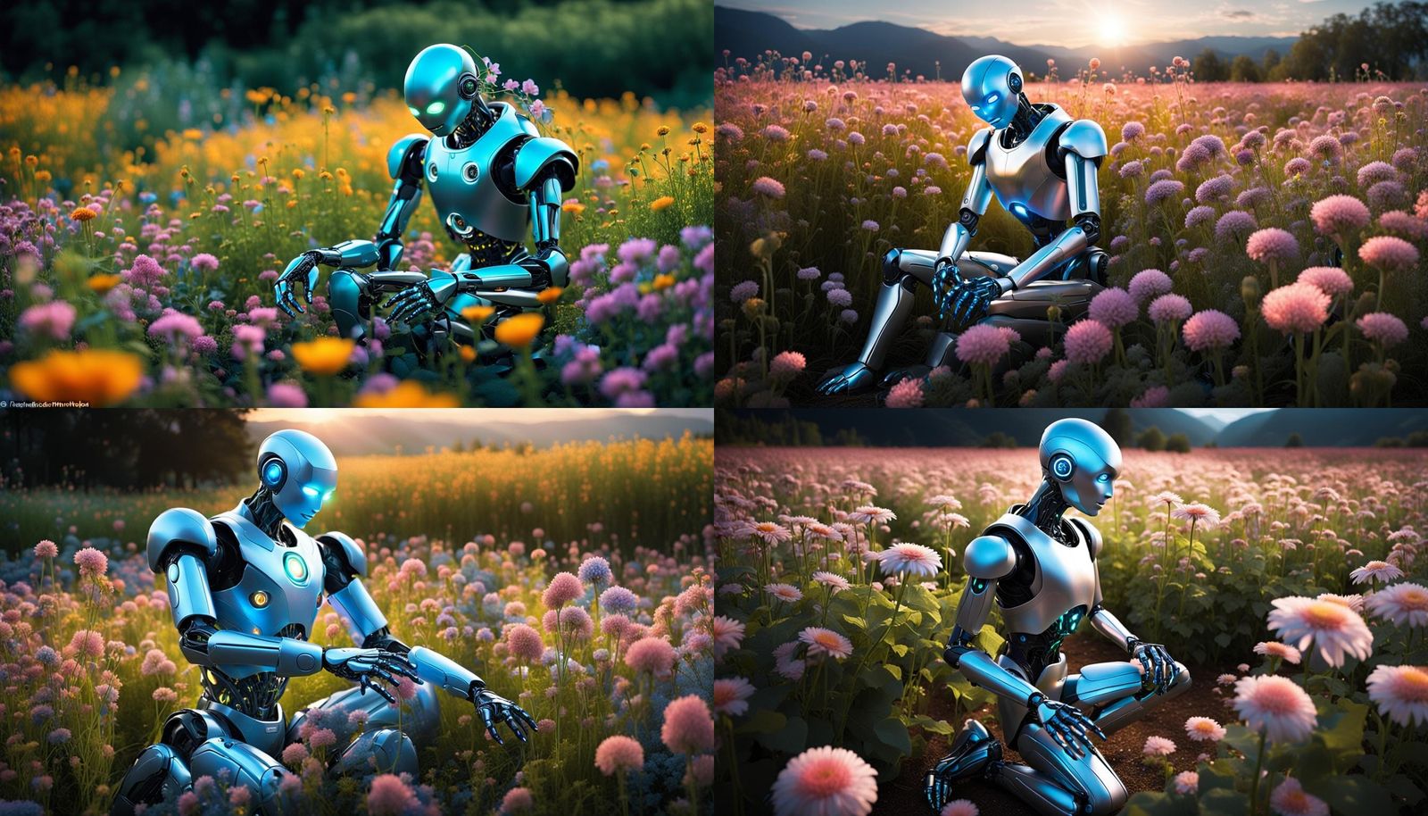 Symbiotic Bloom: A humanoid robot kneels amongst a field of flowers ...