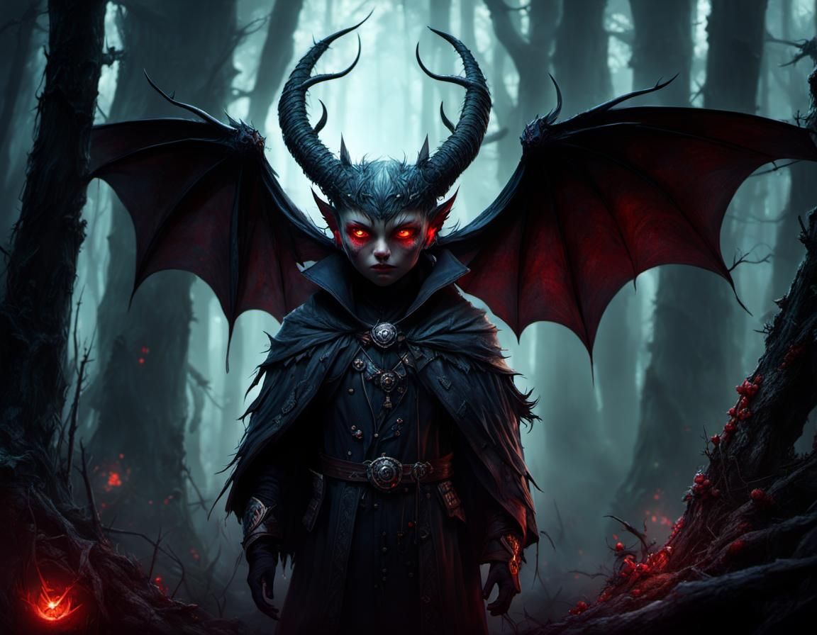 Portrait of acute Crazy little demon in a scary gloomy creepy spooky ...