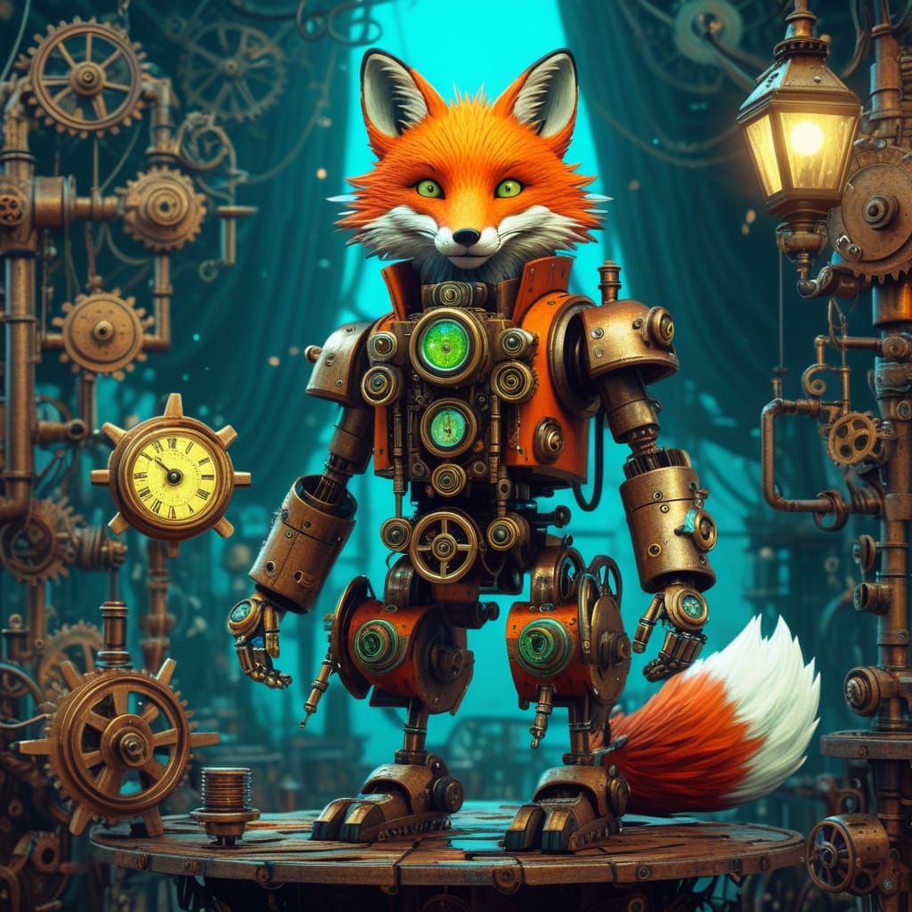 Mr. Fox Mechanic - Ethereal Steampunk Fox in a Whimsical Won...