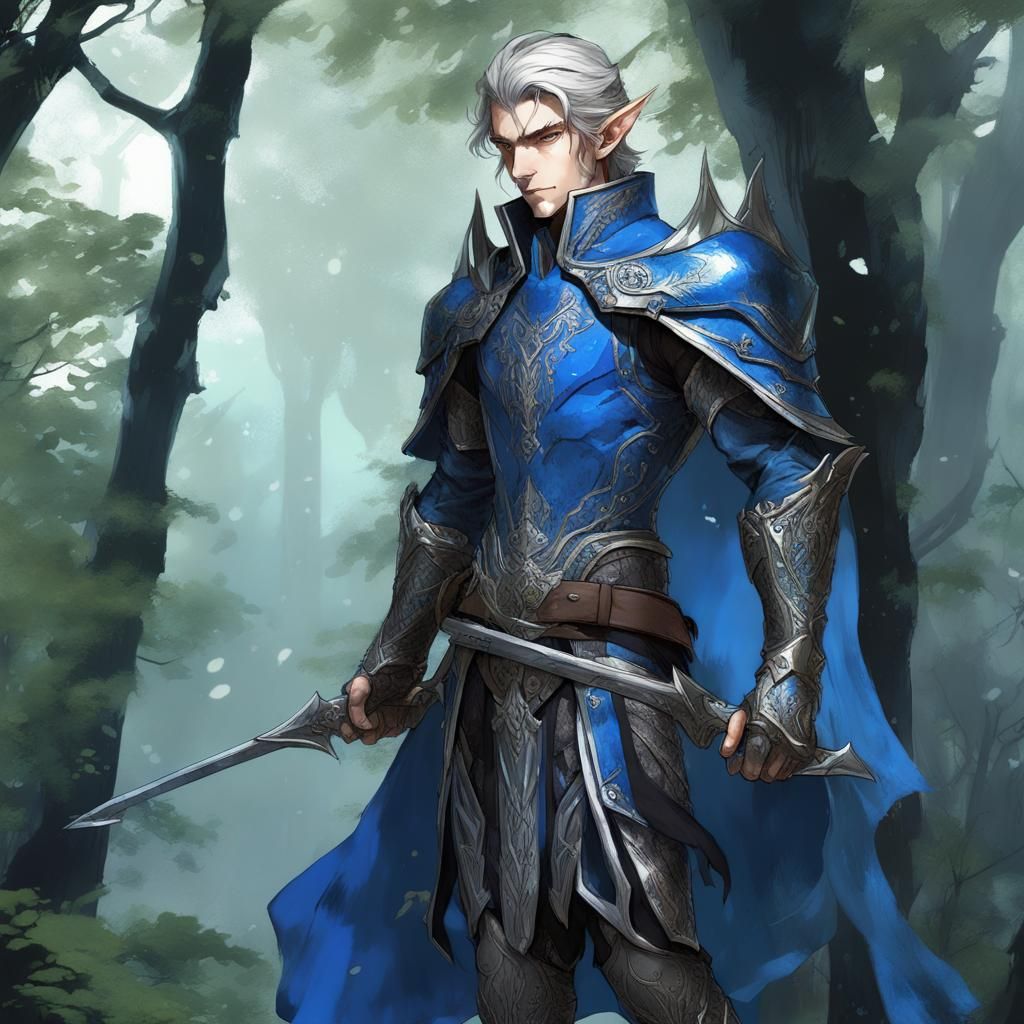 Handsome Mysterious Full_body elf, Rocco-blue armored , Forest ...
