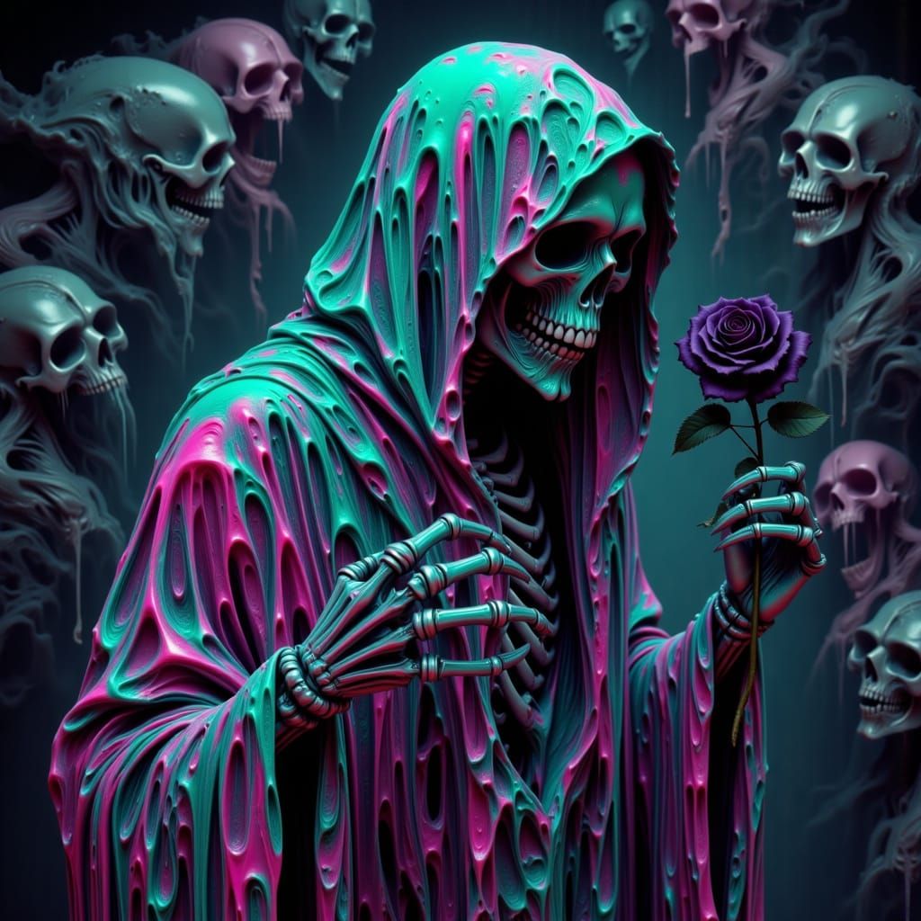 Grim Reaper in Psychedelic Robes Holds Black Rose ... - AI Art