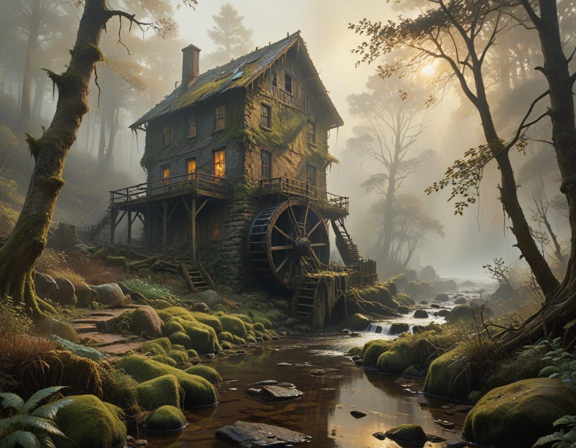 Old Mill - Atmospheric Oil Painting of a Rusted Mill in a Fo...