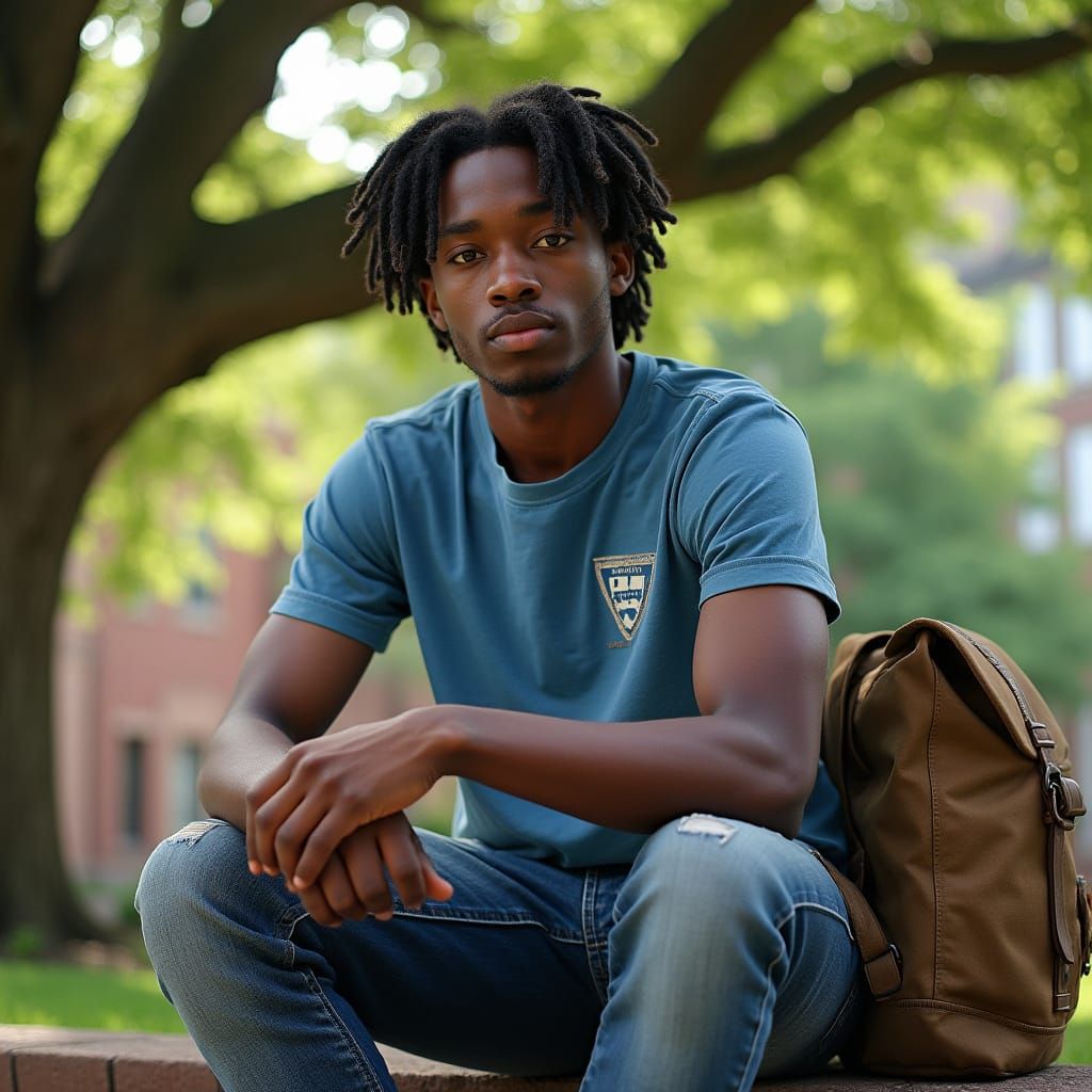 African American Young Man Sits Under Tree on Bost... - AI Art