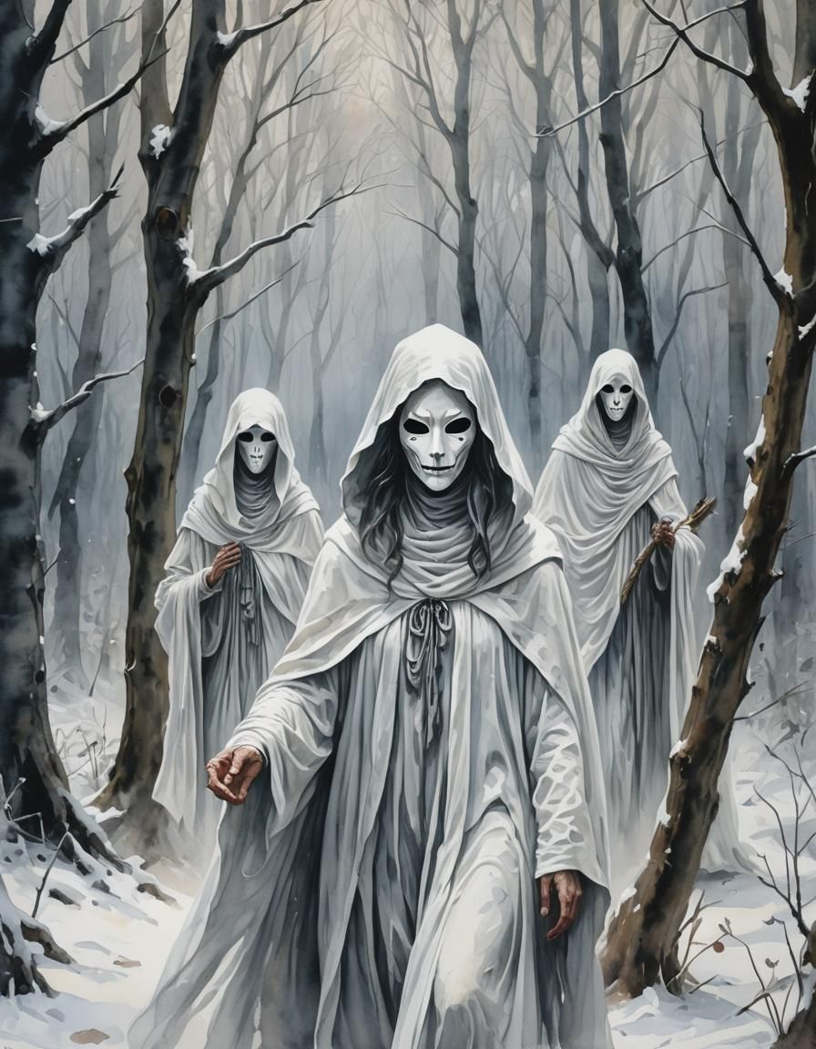 all white and light grey ghostly misty winter witch folk-horror in ...