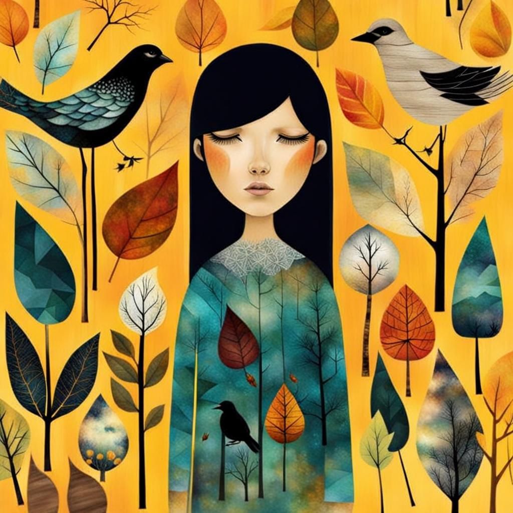 Double exposure art layered merged a girl and an autumnal forest to ...