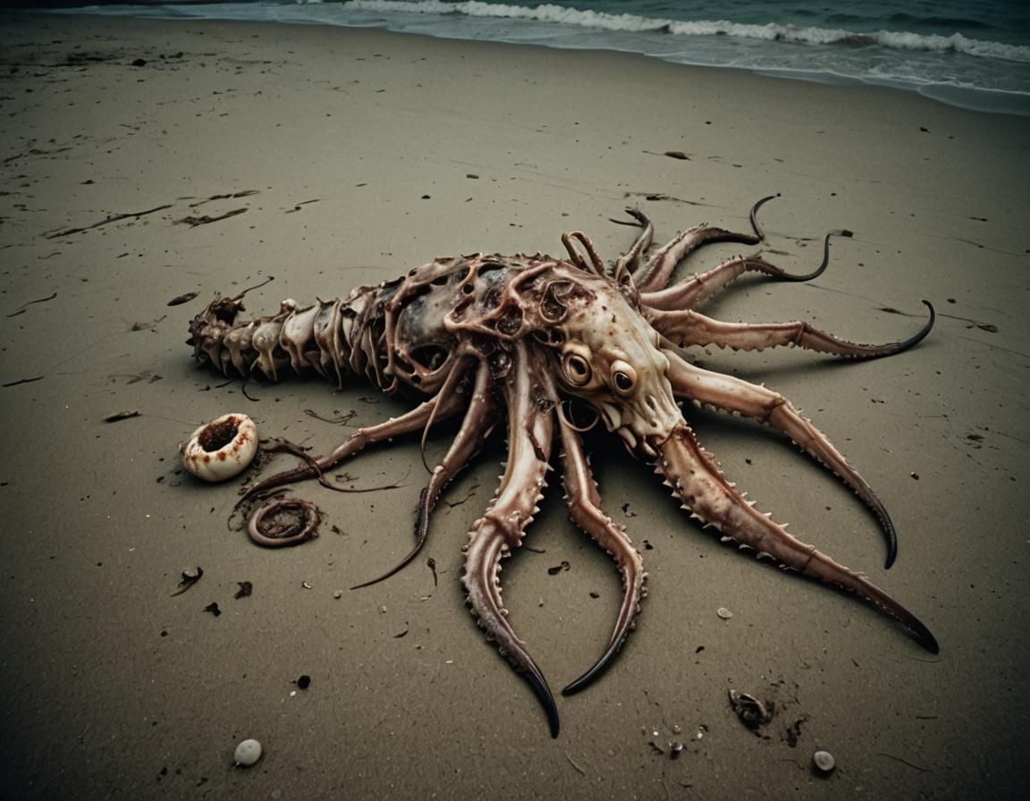 Hyperrealistic photo of lonely fisherman finding dead carcass of a ...
