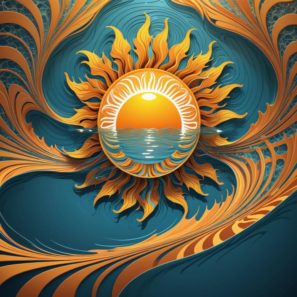 a desing of a sun with lines and a reflection in a lake