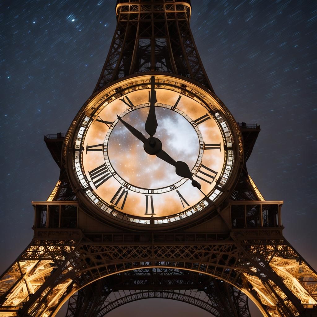 A ghostly, translucent glowing ethereal clock hovering in the starry ...