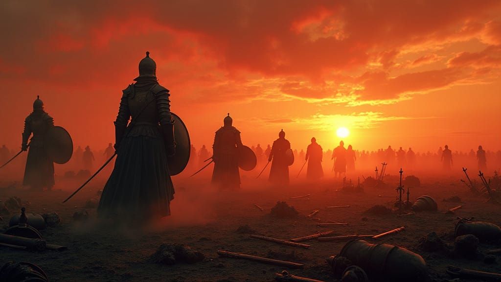 A vast ancient battlefield under a crimson sky, scattered with ...