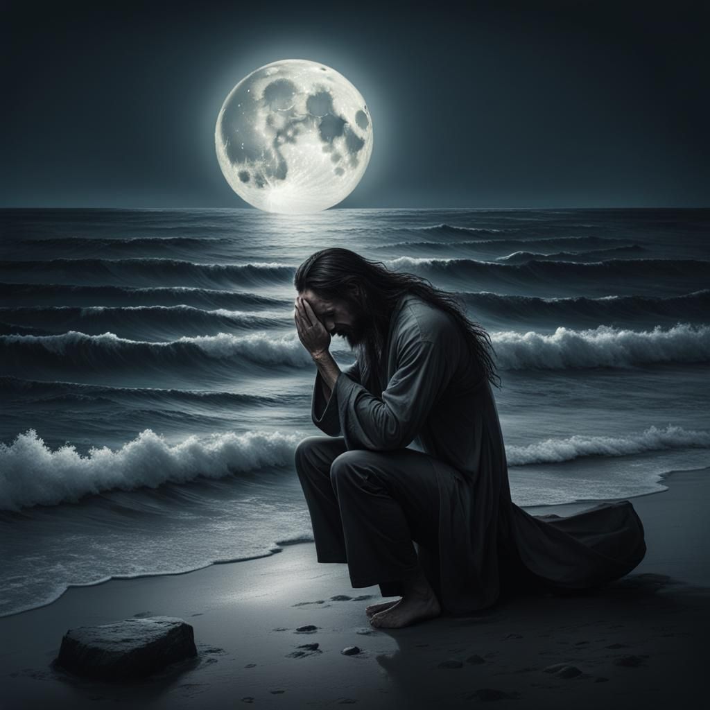 long hair man is weeping on his knees on night sea full moon - AI ...
