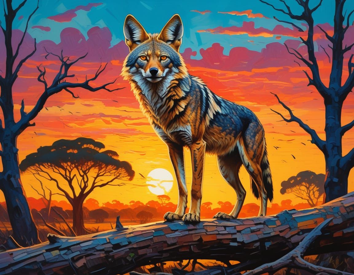 Majestic Jackal Stands Tall in Sunset Splendor, in... - AI Art