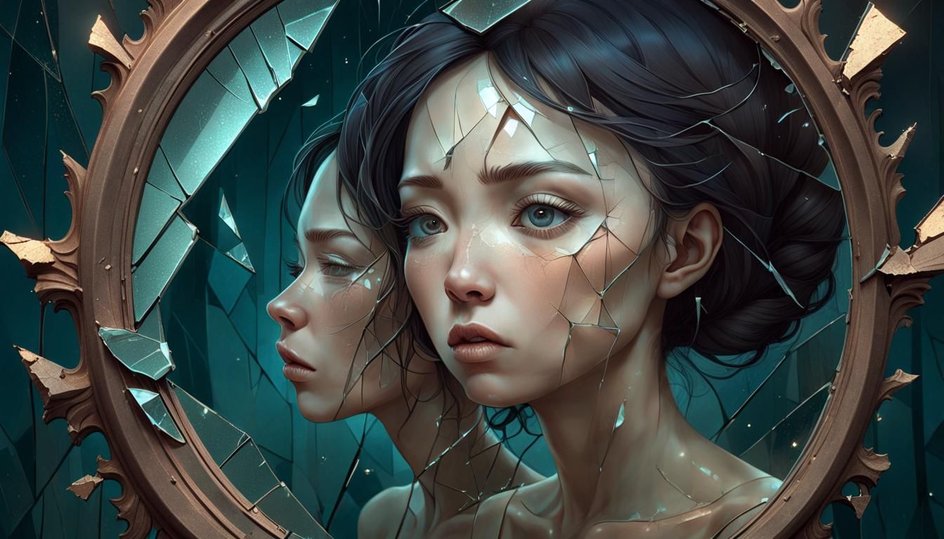 portrait of a woman in a broken mirror, high detail, surreal, reflection, broken glass, dramatic ...
