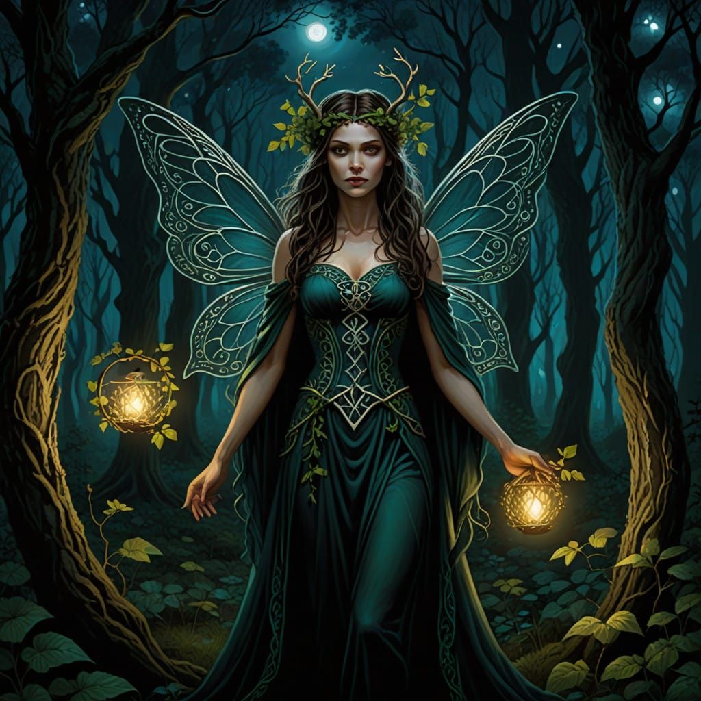 Mystic Celtic Faerie Tending to Evening Forest - AI Art