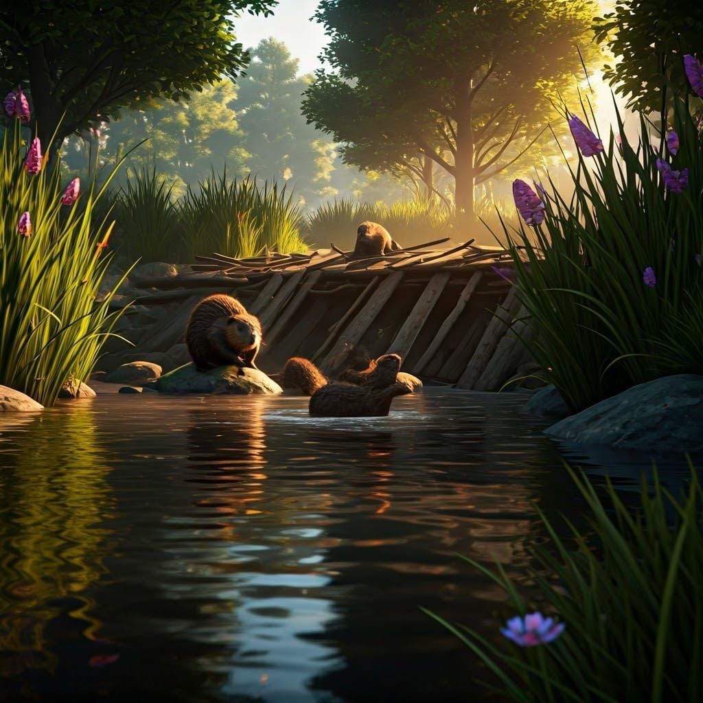 Serene Waterway with Rustic Dam and Happy Beaver F... - AI Art