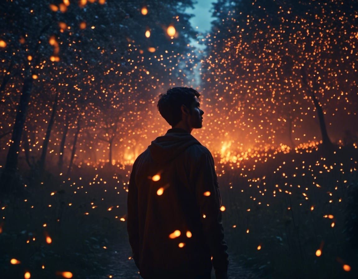 Firefly mutation, swarming around a worried man, night time with fire ...