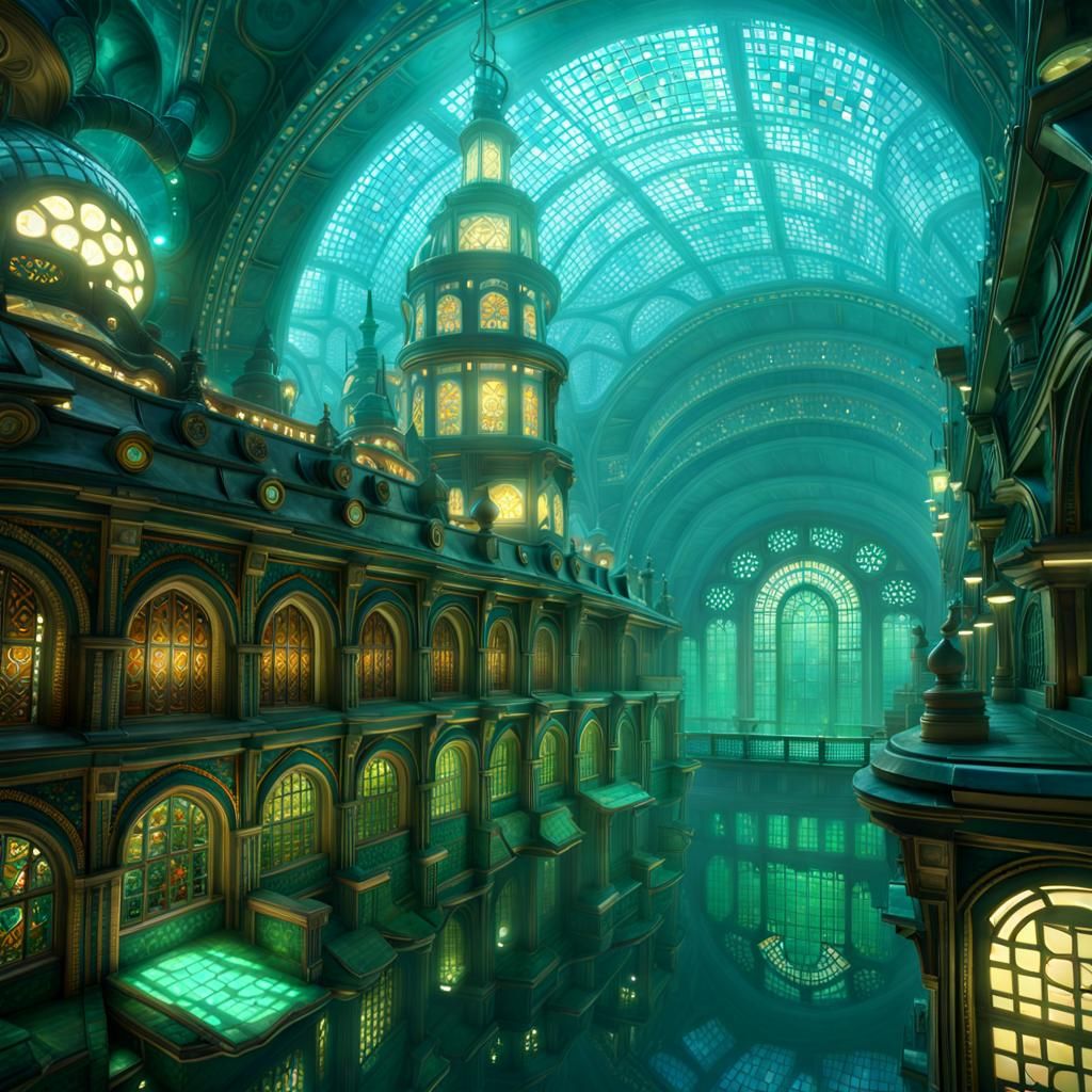 mosaic tiles. Bioshock city of Rapture, underwater, fish swimming warm ...